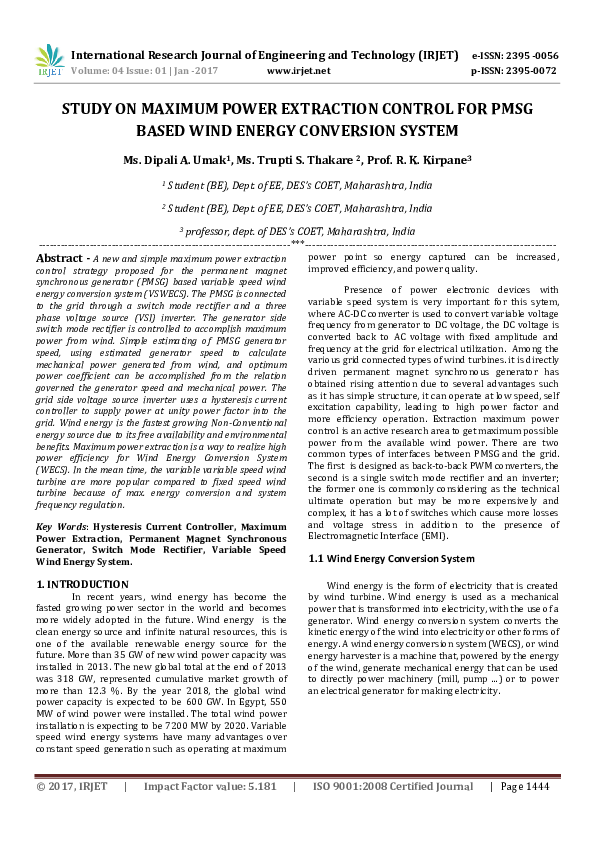 (PDF) STUDY ON MAXIMUM POWER EXTRACTION CONTROL FOR PMSG BASED WIND ENERGY CONVERSION SYSTEM