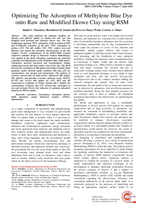 (PDF) Optimizing The Adsorption of Methylene Blue Dye onto Raw and Modified Ekowe Clay using RSM