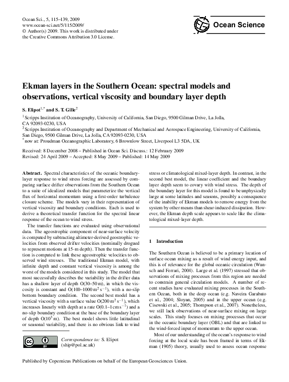 (PDF) Ekman layers in the Southern Ocean: spectral models and ...