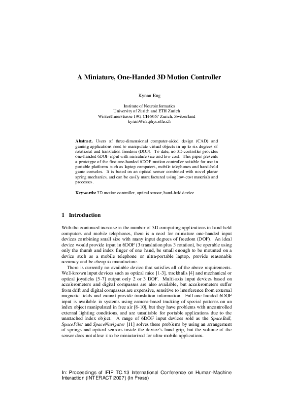 (PDF) A Miniature, One-Handed 3D Motion Controller