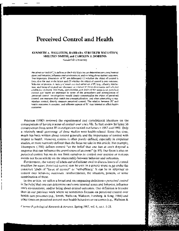 (PDF) Perceived control and health