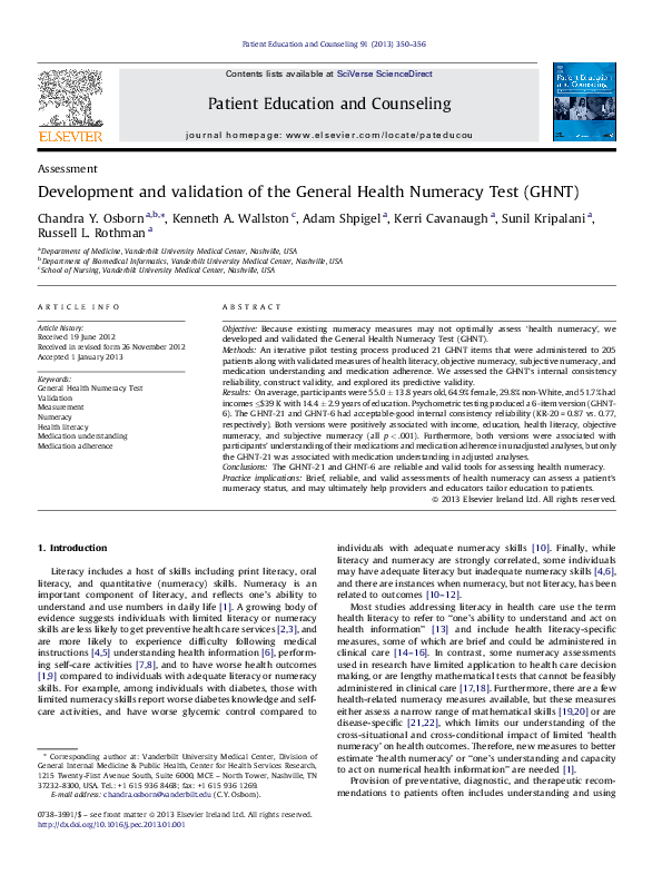 (PDF) Development and validation of the General Health Numeracy Test (GHNT)