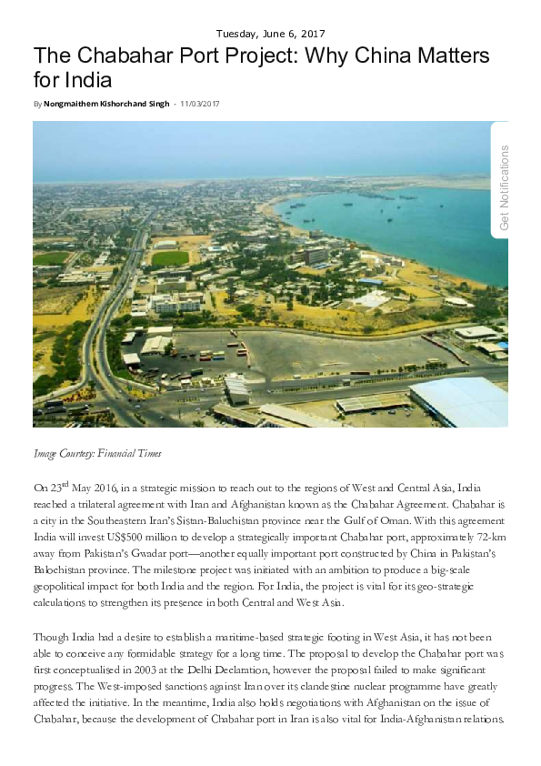 (PDF) The Chabahar Port Project: Why China Matters for India