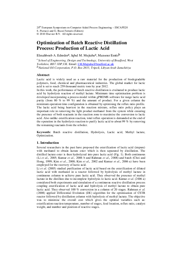 Pdf Optimization Of Batch Reactive Distillation Process Production