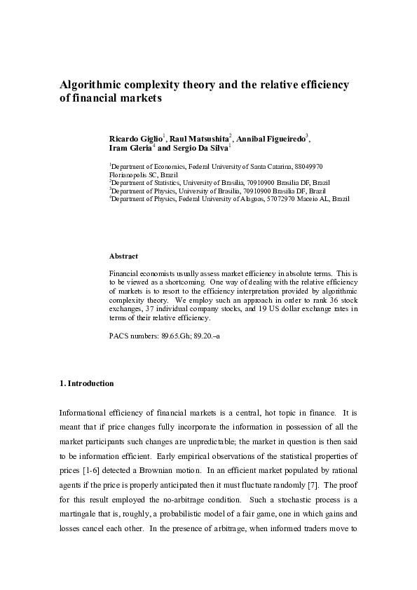 (PDF) Algorithmic complexity theory and the relative efficiency of financial markets