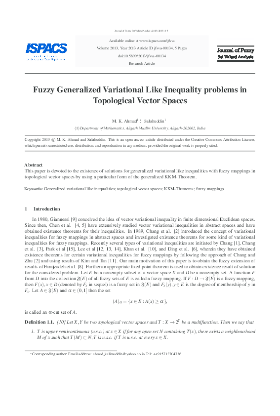 (PDF) Fuzzy Generalized Variational Like Inequality problems in Topological Vector Spaces