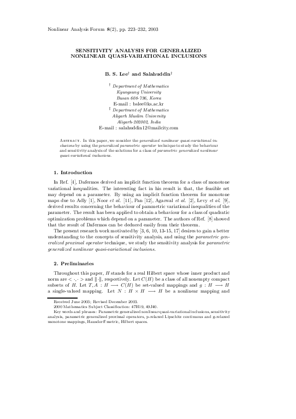 Pdf Sensitivity Analysis For Generalized Nonlinear Quasi Variational