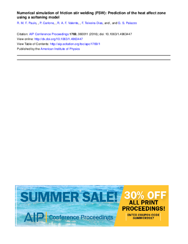 Pdf Numerical Simulation Of Friction Stir Welding Fsw Prediction