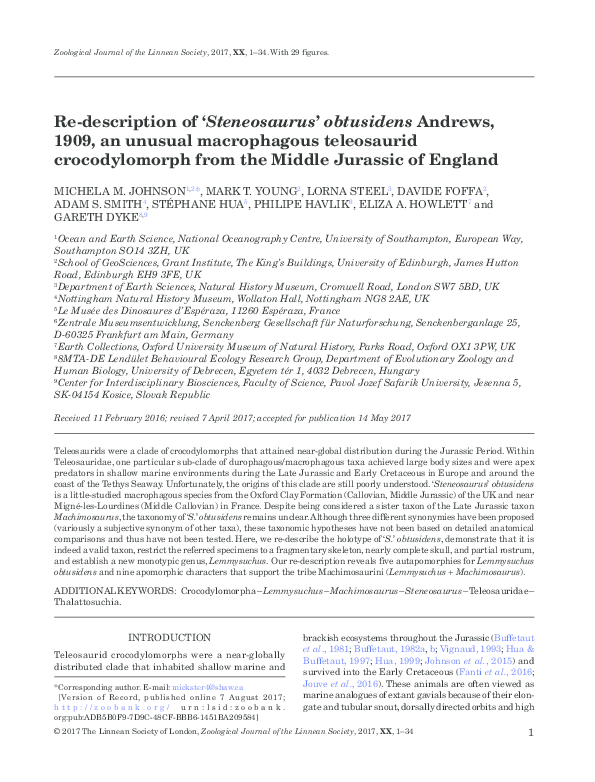 (PDF) Re-description of 'Steneosaurus' obtusidens Andrews, 1909, an ...