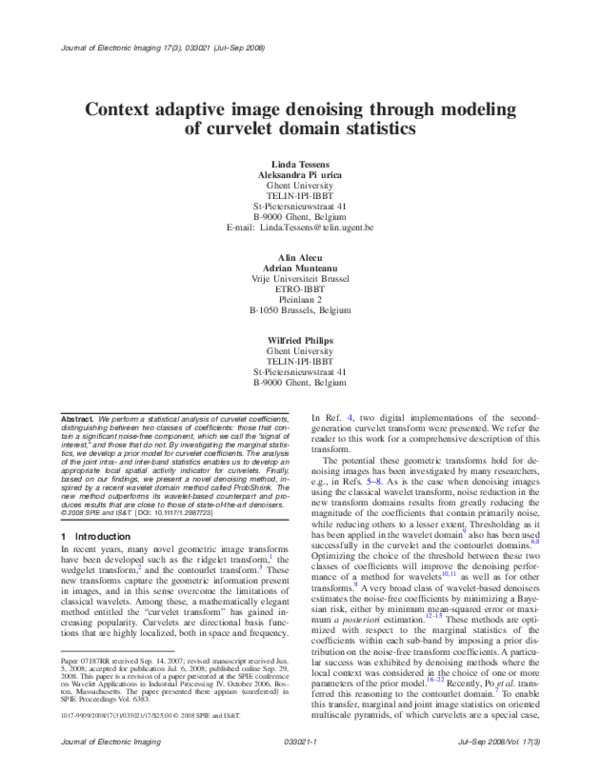 (PDF) Context adaptive image denoising through modeling of curvelet domain statistics