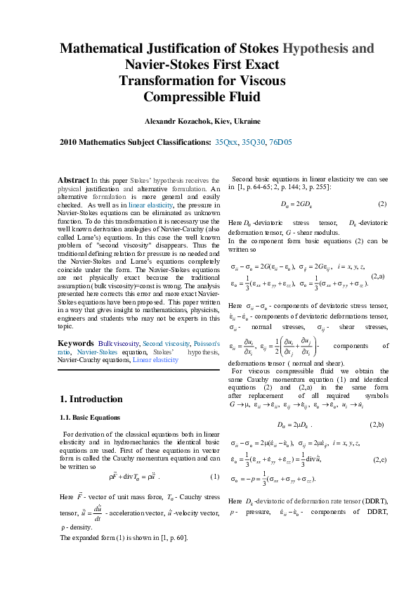 (PDF) Mathematical Justification of Stokes Hypothesis and Navier-Stokes First Exact ...