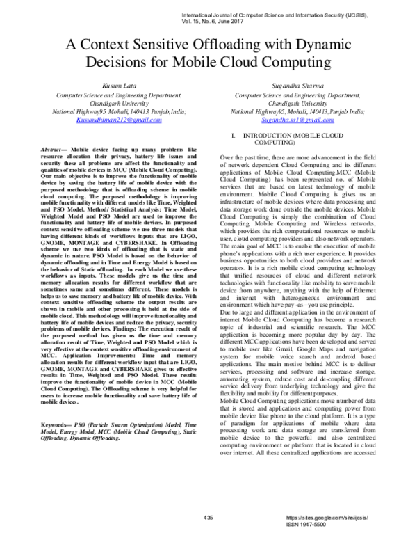 Pdf A Context Sensitive Offloading With Dynamic Decisions For Mobile Cloud Computing Journal