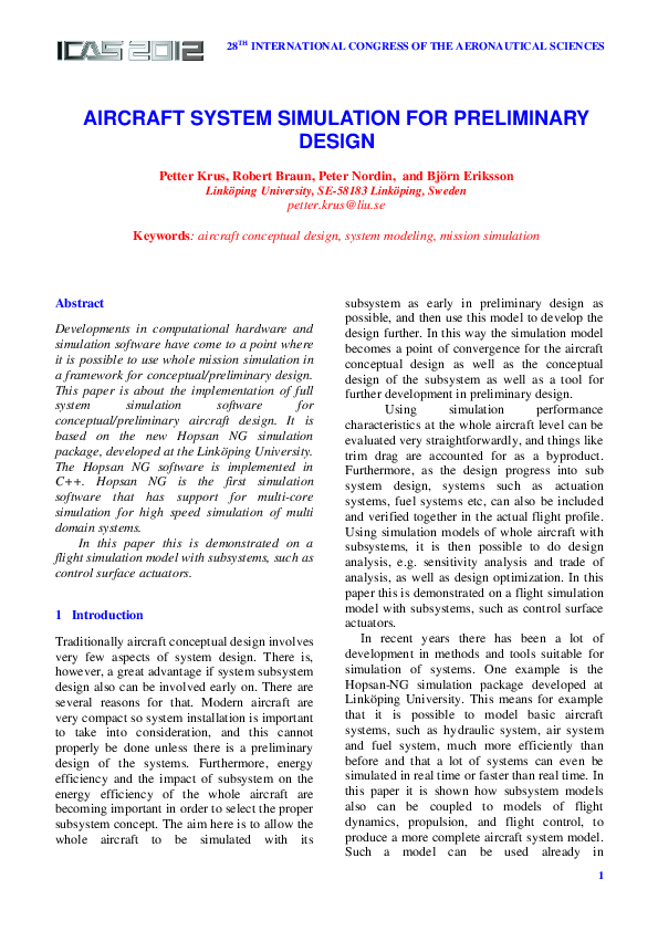 (PDF) Aircraft system simulation for preliminary design