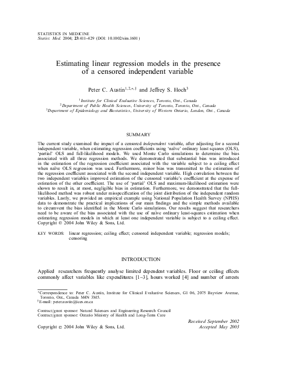 Pdf Estimating Linear Regression Models In The Presence Of A Censored Independent Variable 2298