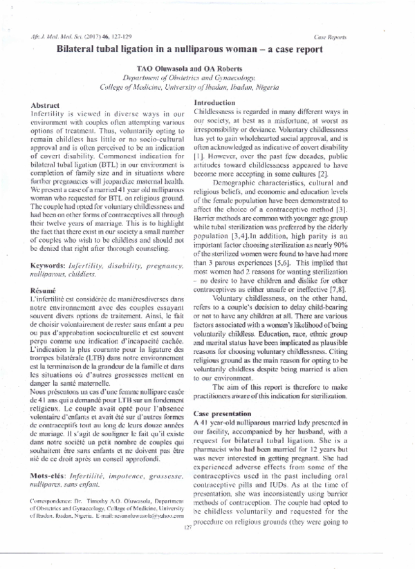 (PDF) Bilateral tubal ligation in a nulliparous woman -a case report