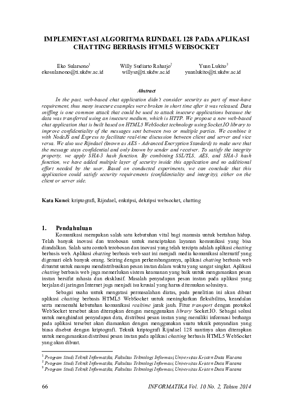 Pdf Implementasi Algoritma Rijndael 128 Pada Aplikasi Chatting Berbasis Html5 Websocket