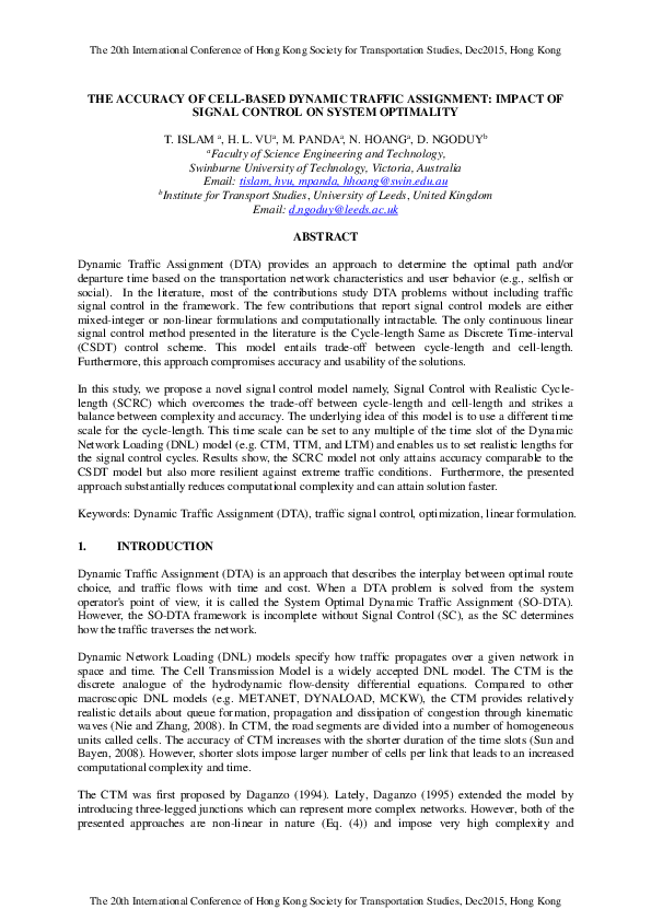 Pdf The Accuracy Of Cell Based Dynamic Traffic Assignment Impact Of Signal Control On System