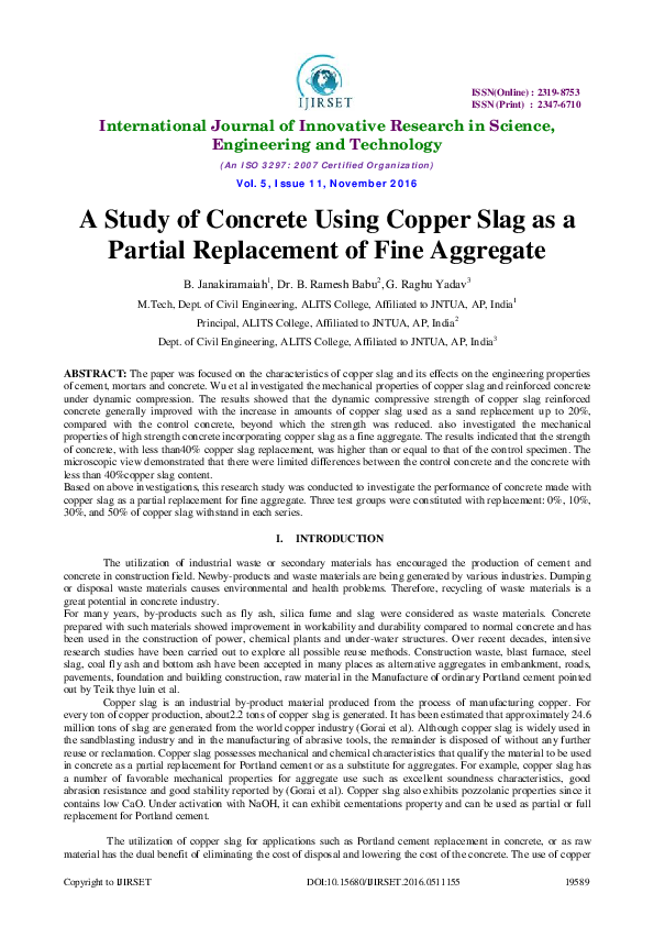 (PDF) A Study of Concrete Using Copper Slag as a Partial Replacement of Fine Aggregate