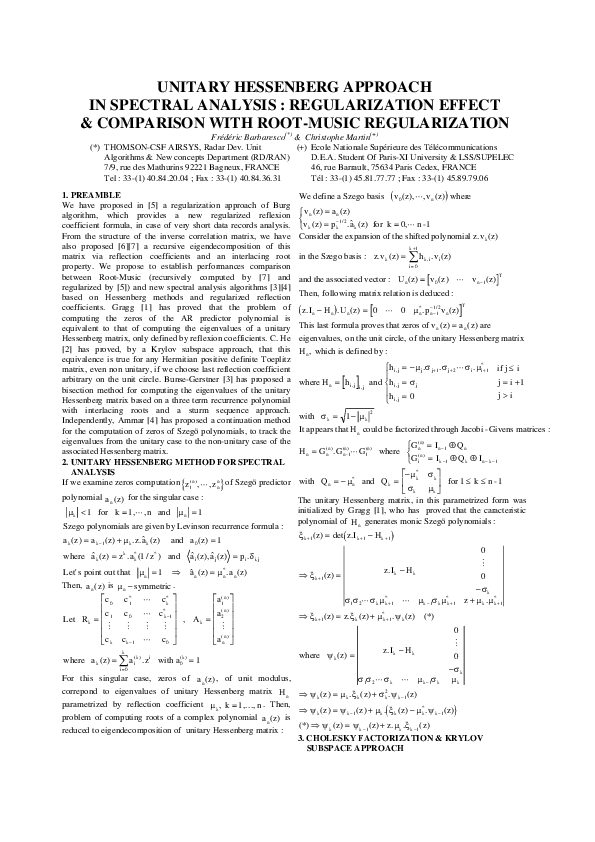 (PDF) Unitary Hessenberg Approach In Spectral Analysis : Regularization ...