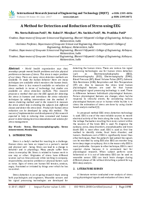 Pdf A Method For Detection And Reduction Of Stress Using Eeg