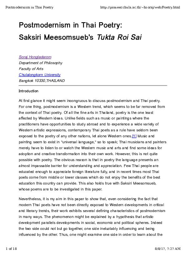 (PDF) Postmodernism in Thai Poetry: Saksiri Meesomsueb's Tukta Roi Sai