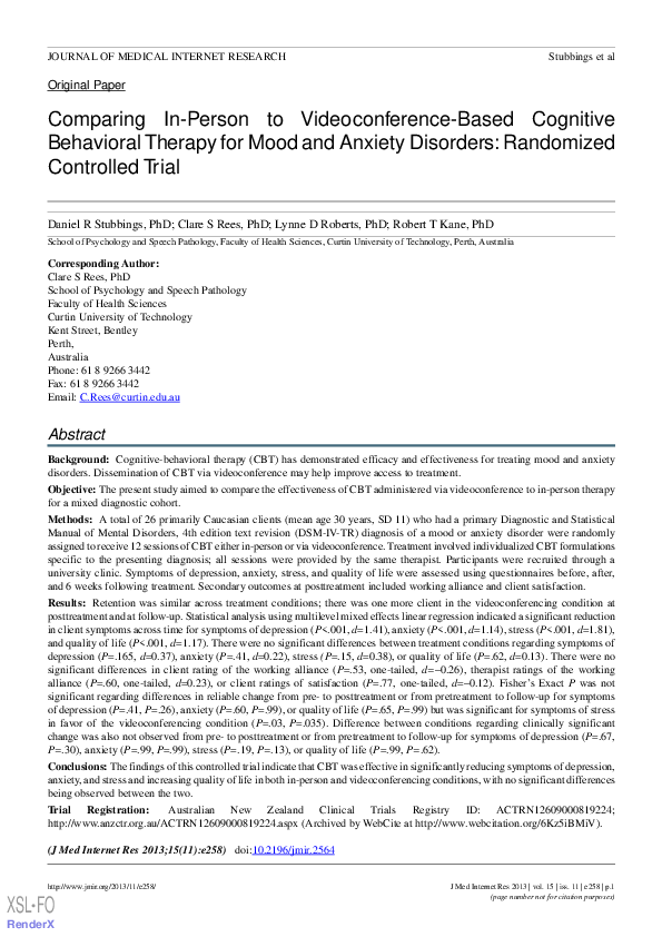 (PDF) Comparing In-Person to Videoconference-Based Cognitive Behavioral Therapy for Mood and ...