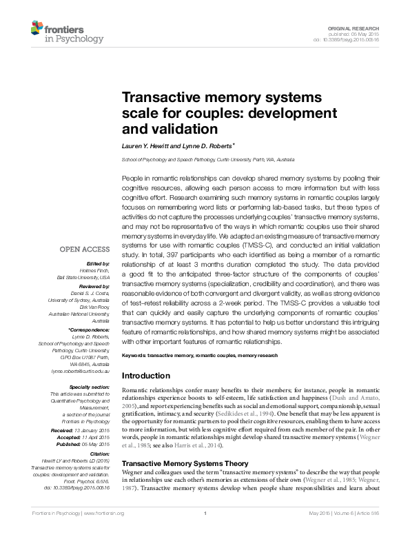 (PDF) Transactive memory systems scale for couples: development and validation