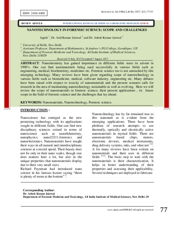 (PDF) NANOTECHNOLOGY IN FORENSIC SCIENCE: SCOPE AND CHALLENGES