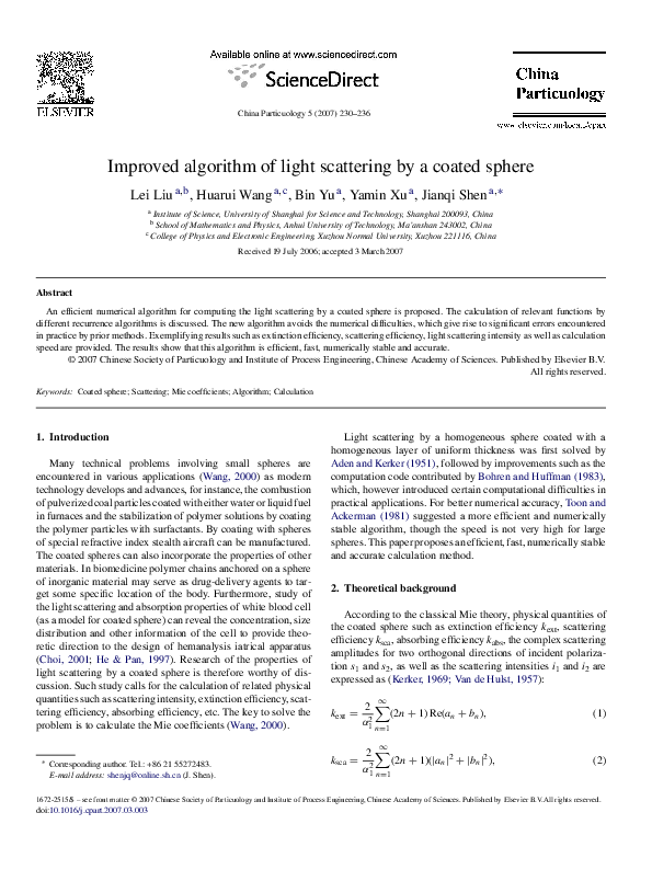 (PDF) Improved algorithm of light scattering by a coated sphere