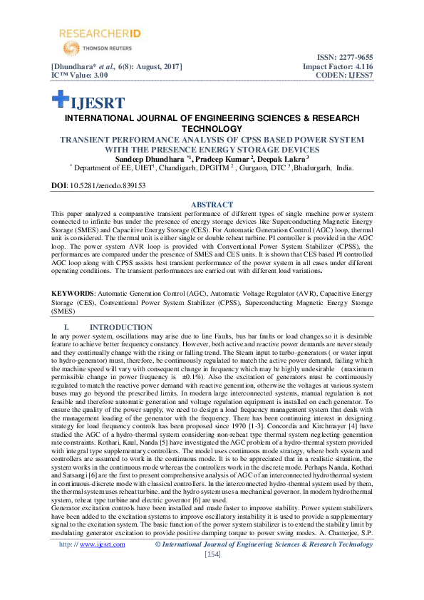 Pdf Transient Performance Analysis Of Cpss Based Power System With