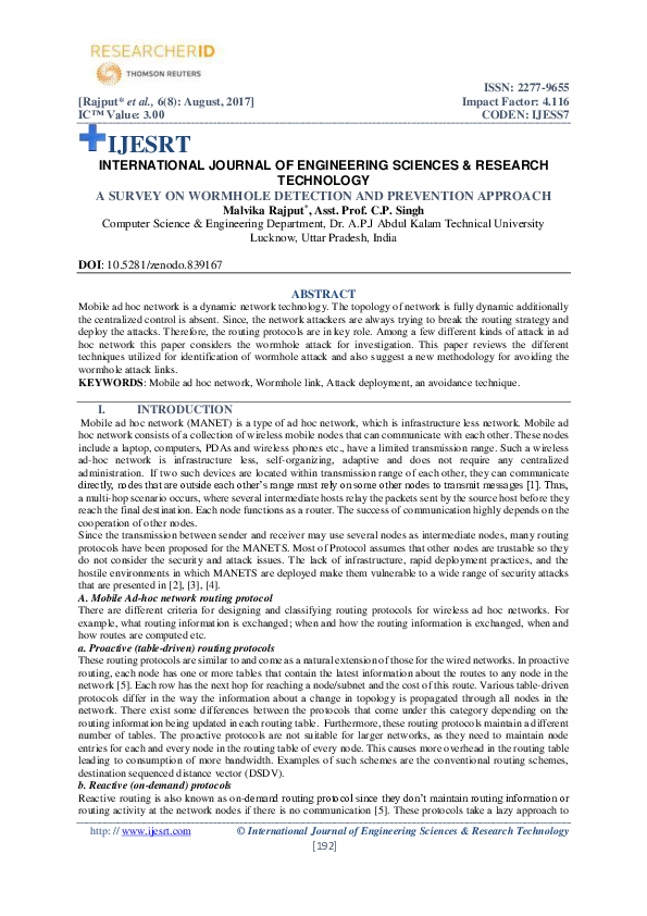 Pdf A Survey On Wormhole Detection And Prevention Approach