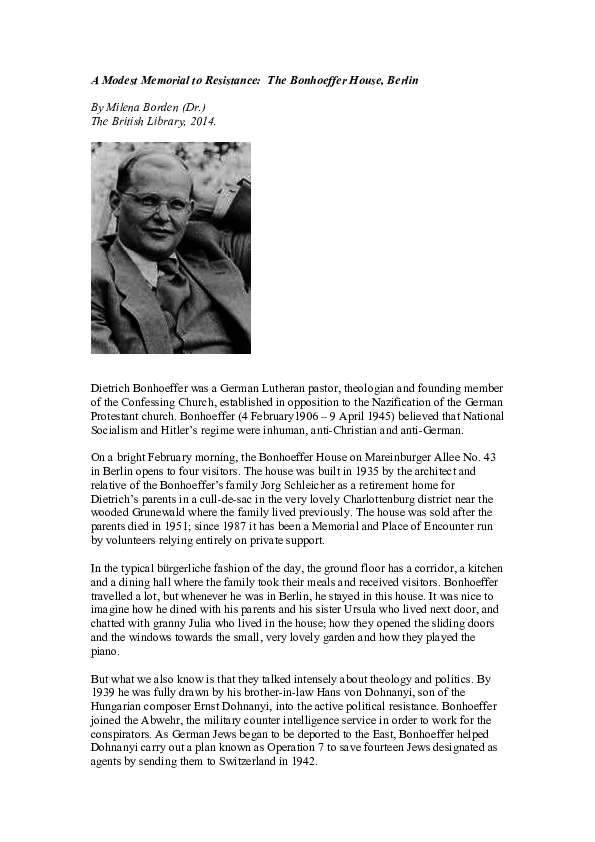 (PDF) A Modest Memorial to Resistance: The Bonhoeffer House, Berlin