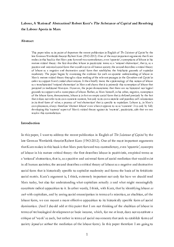 (PDF) Labour, A ‘Rational’ Abstraction? Robert Kurz’s The Substance of ...