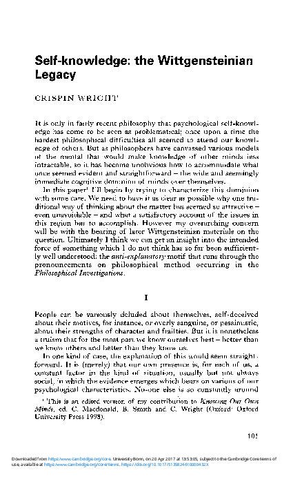 (PDF) Self-knowledge: the Wittgensteinian Legacy
