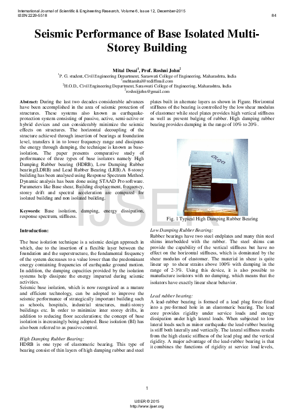 Pdf Seismic Performance Of Base Isolated Multi Storey Building