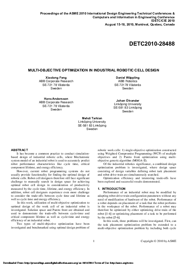 (PDF) Multi-Objective Optimization in Industrial Robotic Cell Design