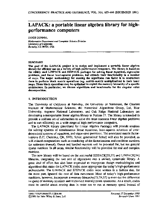 Pdf Lapack A Portable Linear Algebra Library For High Performance Computers