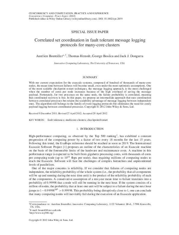 Pdf Correlated Set Coordination In Fault Tolerant Message Logging Protocols For Many Core