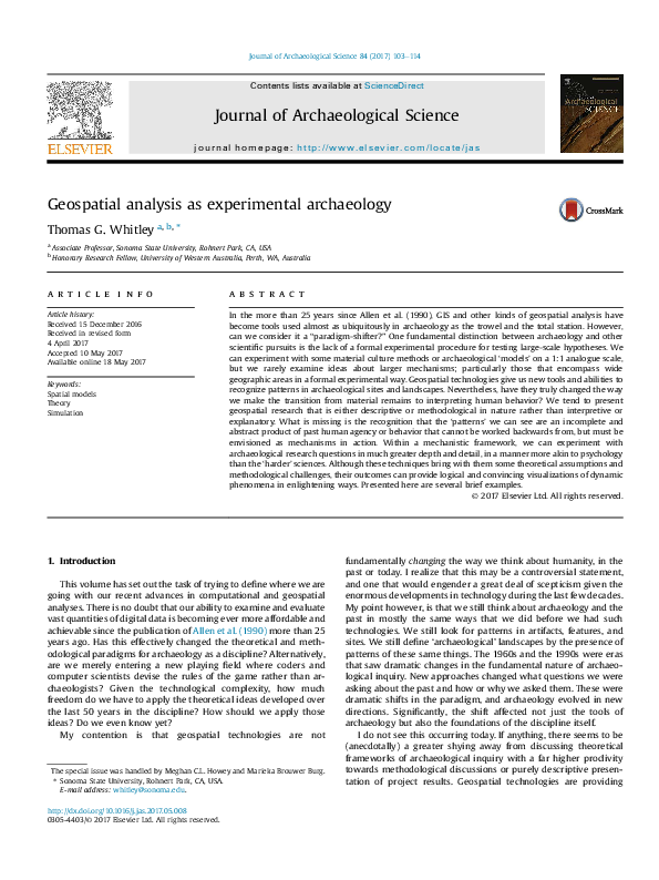 (PDF) Thomas G. Whitley (2017) Geospatial Analysis as Experimental Archaeology, In ...