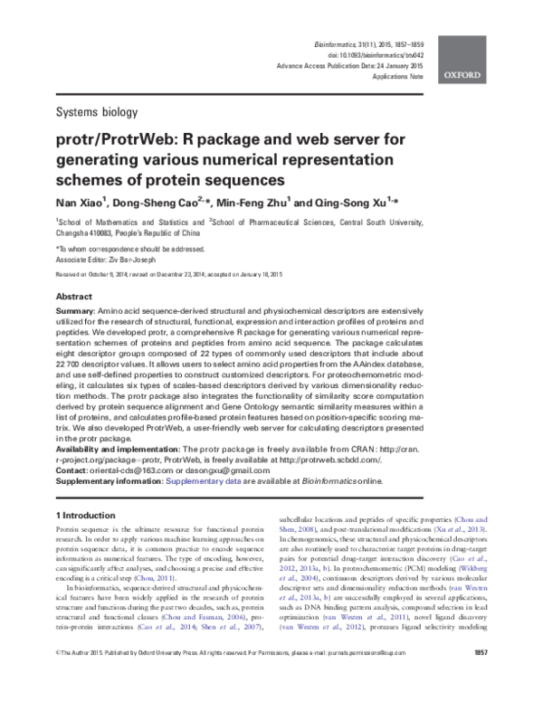 (PDF) protr/ProtrWeb: R package and web server for generating various ...