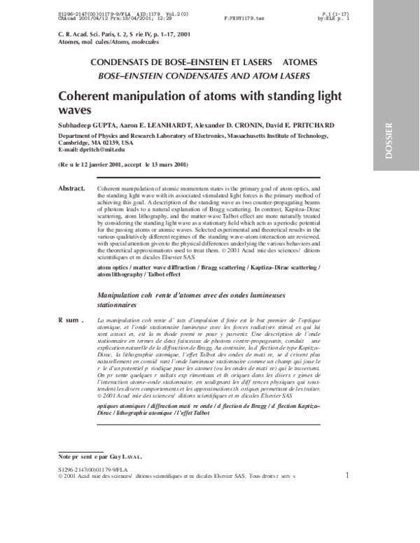 (PDF) Coherent manipulation of atoms with standing light waves