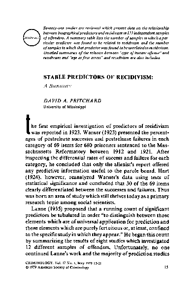 (PDF) STABLE PREDICTORS OF RECIDIVISM:. A Summary