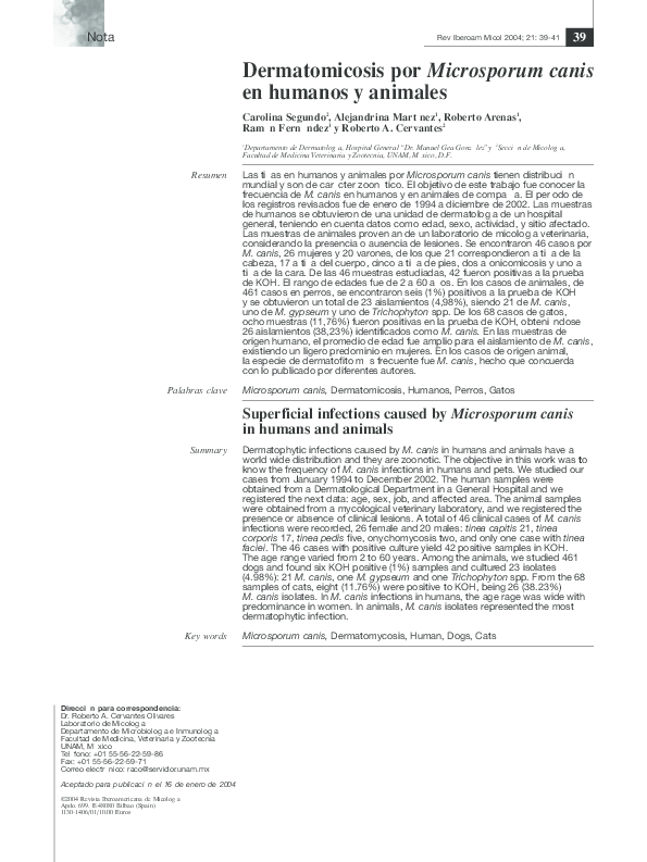 (PDF) Dermatomicosis por Microsporum canis en humanos y animales ...