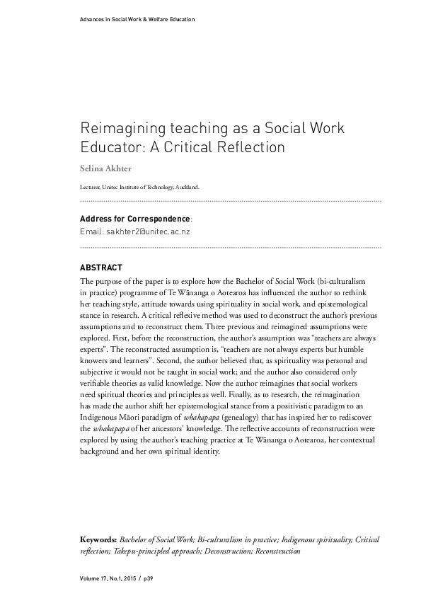 (PDF) Reimagining teaching as a Social Work Educator: A Critical Reflection