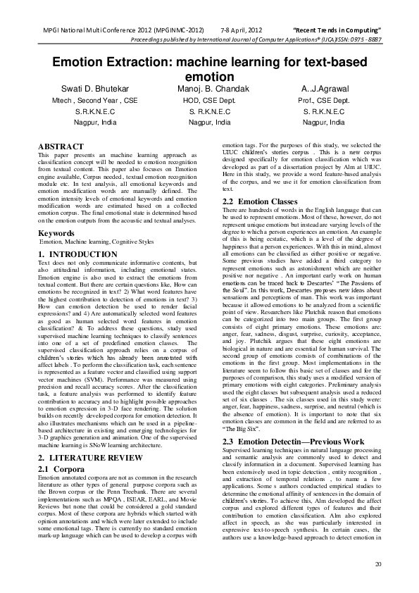 Pdf Emotion Extraction Machine Learning For Text Based Emotion