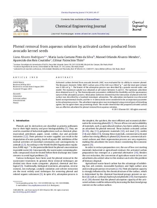 (PDF) Phenol removal from aqueous solution by activated carbon produced from avocado kernel seeds