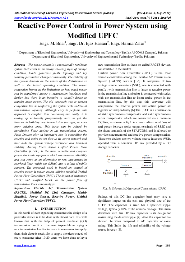 Pdf Reactive Power Control In Power System Using Modified Upfc