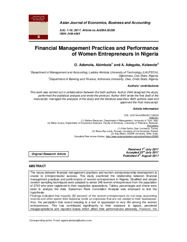 (PDF) Financial Management Practices and Performance of Women Entrepreneurs in Nigeria