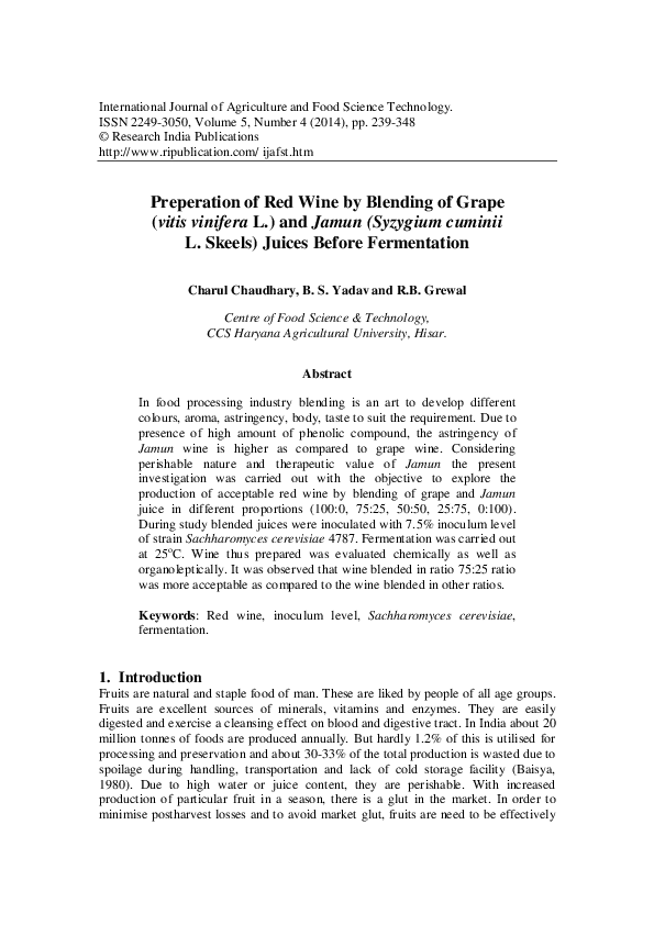 (PDF) Preperation of Red Wine by Blending of Grape (vitis vinifera L.) and Jamun (Syzygium ...