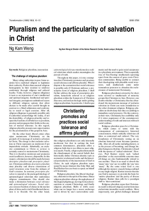 (PDF) Pluralism and the particularity of salvation in Christ (Print ...